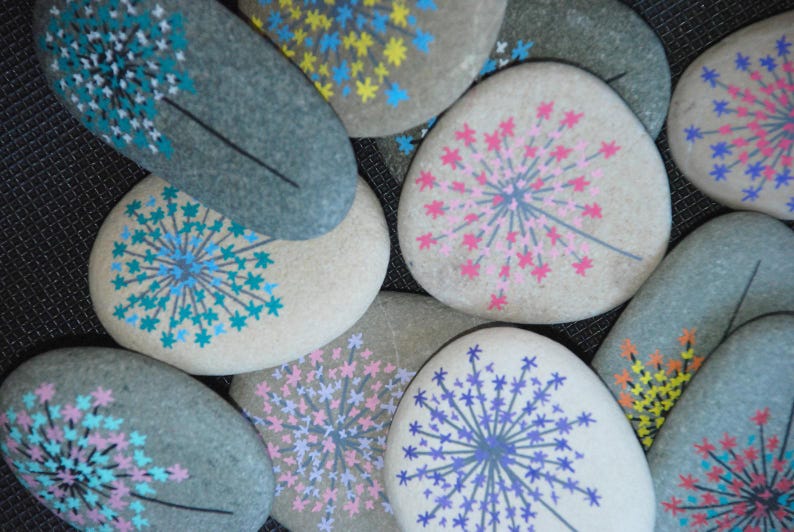 Hand Painted Pebbles - Colourful Dandelion on Stone - Handmade Decor ...