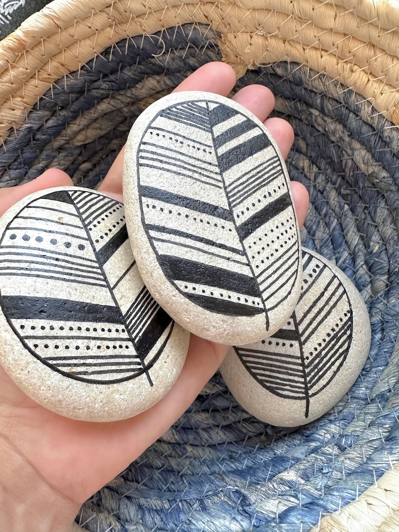 3 Black and White Mandala Feathers - Hand Painted Rocks, Sea Pebble ...