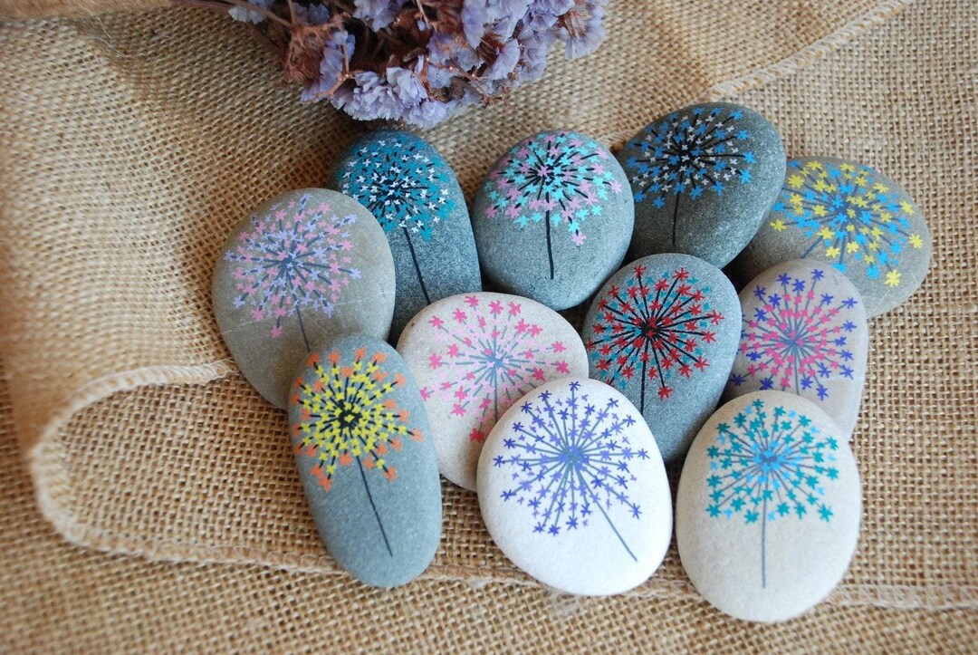Hand Painted Pebbles - Colourful Dandelion on Stone - Handmade Decor ...