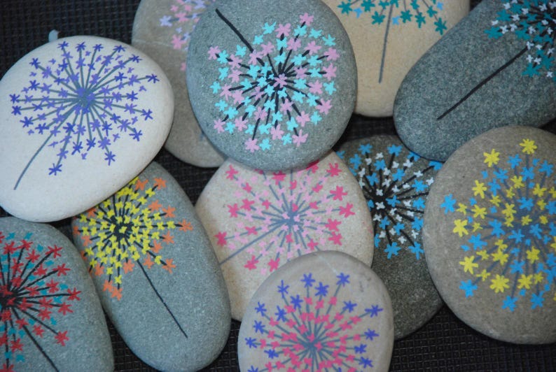 Hand Painted Pebbles - Colourful Dandelion on Stone - Handmade Decor ...