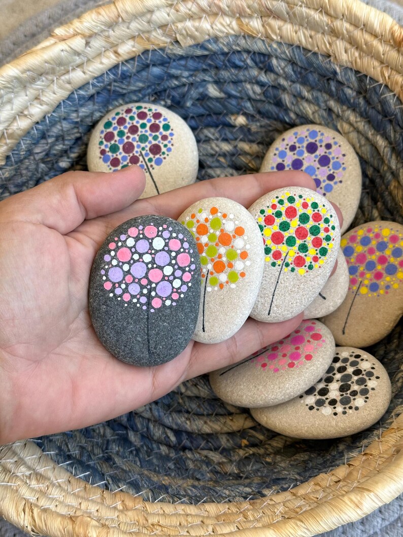 Hand Painted Pebbles - Colourful Dandelion on Stone - Handmade Decor ...
