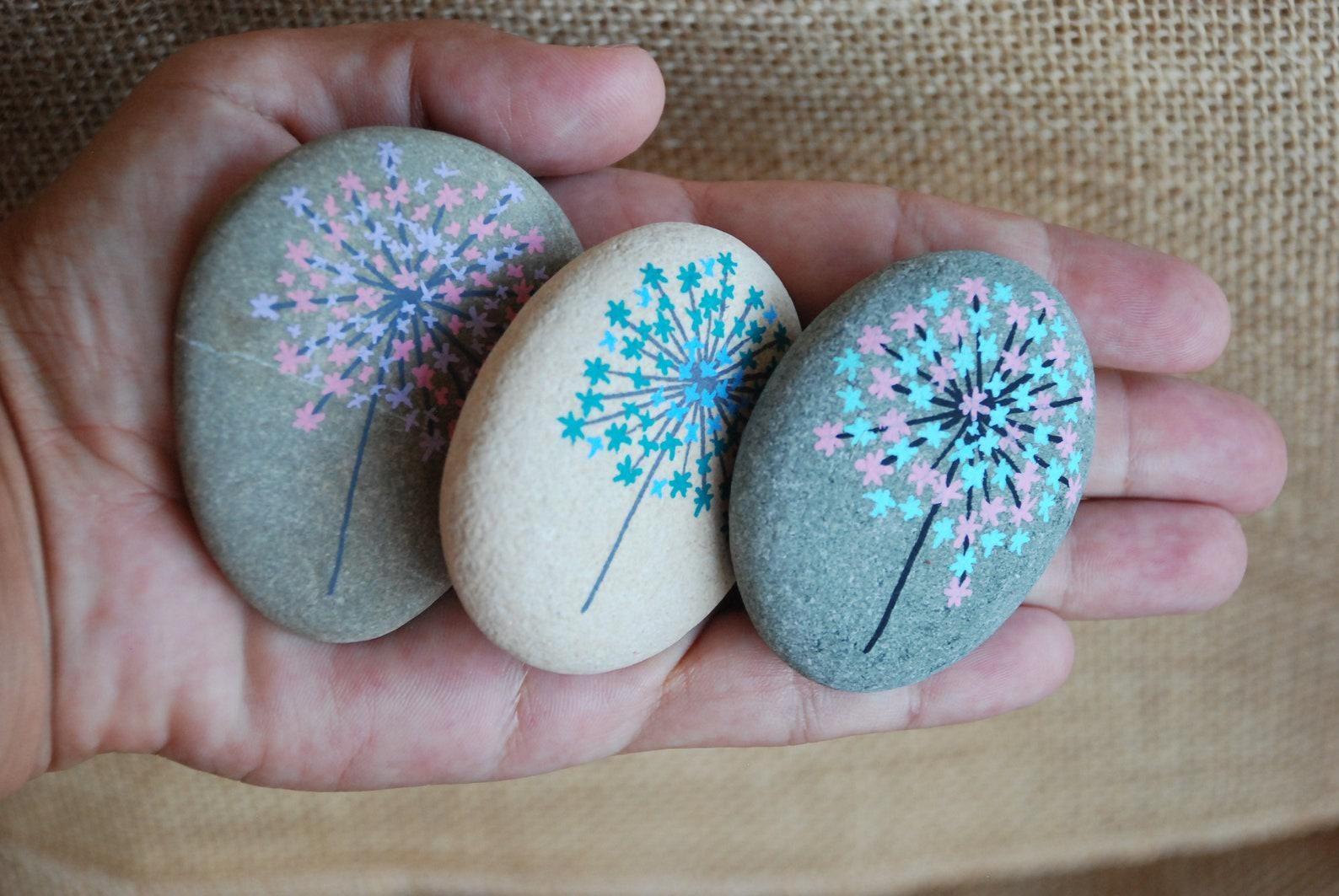 Hand Painted Pebbles - Colourful Dandelion on Stone - Handmade Decor ...