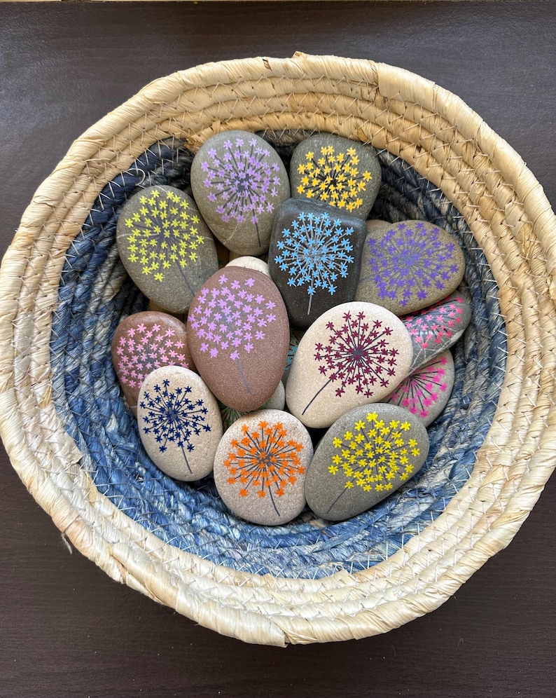 Hand Painted Pebbles - Colourful Dandelion on Stone - Handmade Decor ...