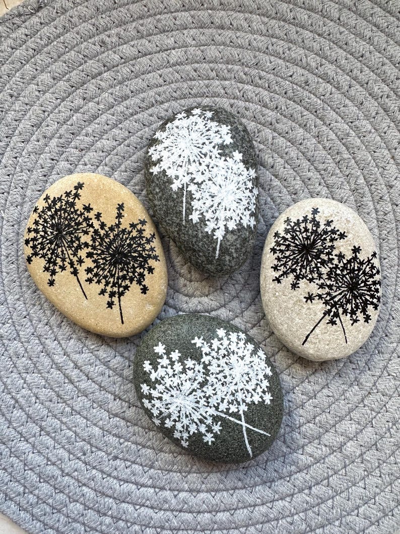 Hand Painted Pebbles - White or Black Dandelions on Sea Stone ...