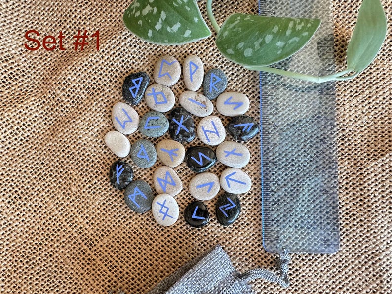 25 Sea Stone Runes in Small Pouch - Elder Futhark Runes, Hand Painted ...