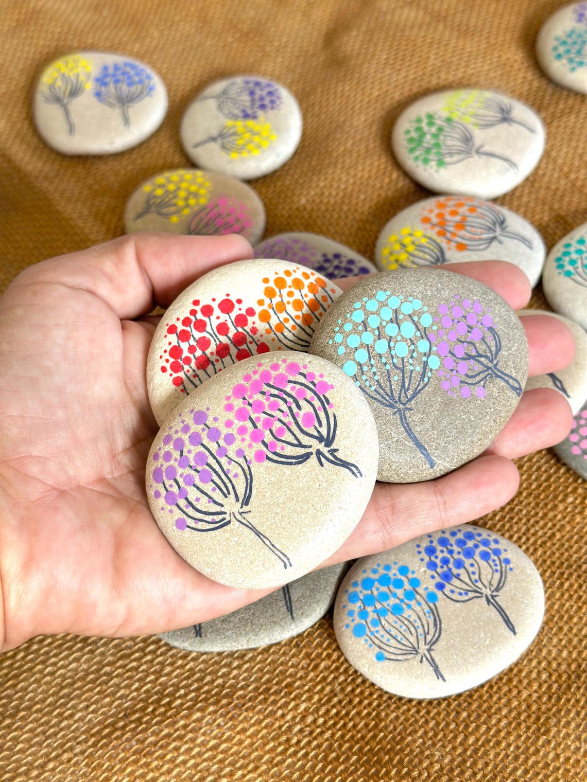 Hand Painted Pebbles - Colourful Dandelion on Stone - Handmade Decor ...