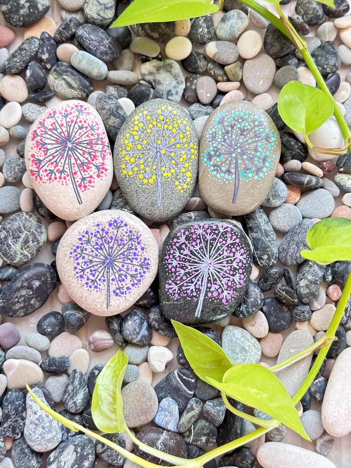 Hand Painted Pebbles - Colourful Dandelion on Stone - Handmade Decor ...
