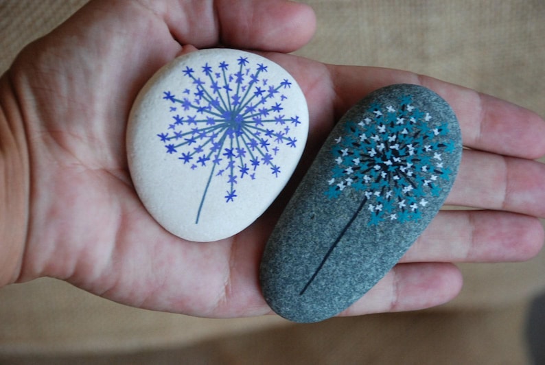 Hand Painted Pebbles - Colourful Dandelion on Stone - Handmade Decor ...