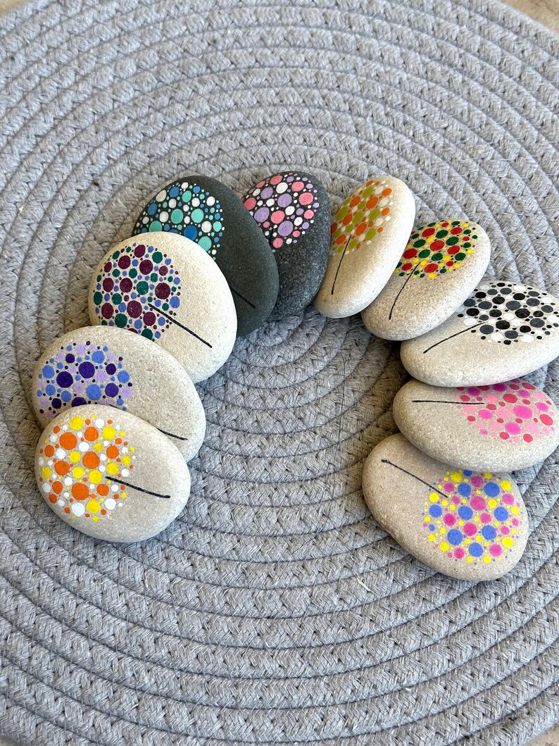 Hand Painted Pebbles - Colourful Dandelion on Stone - Handmade Decor ...