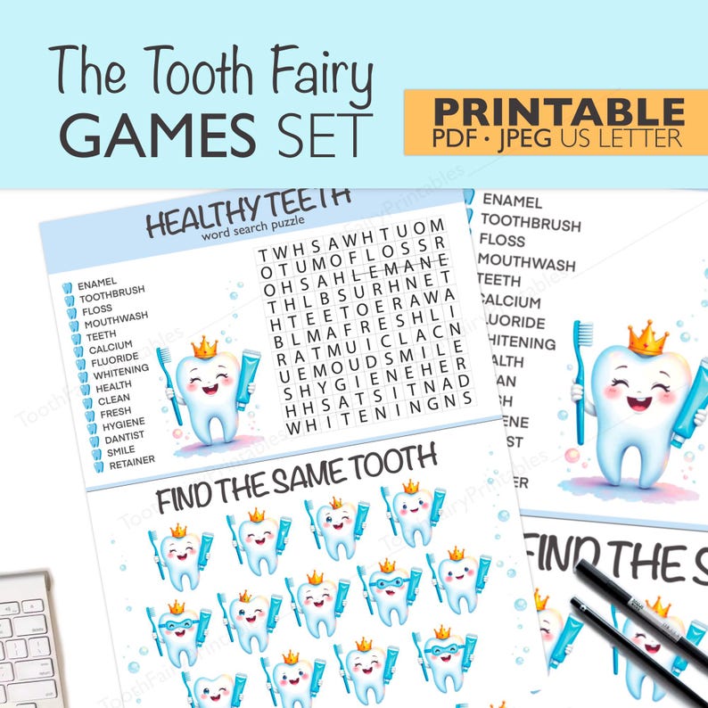 Tooth Fairy PRINTABLE Games Set for Boys With Happy Tooth. PDF, JPEG ...