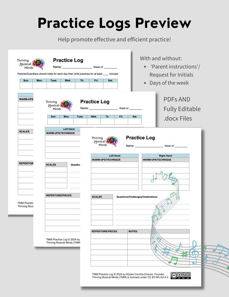 Printable Editable Weekly Practice Log for Music Students (violin ...