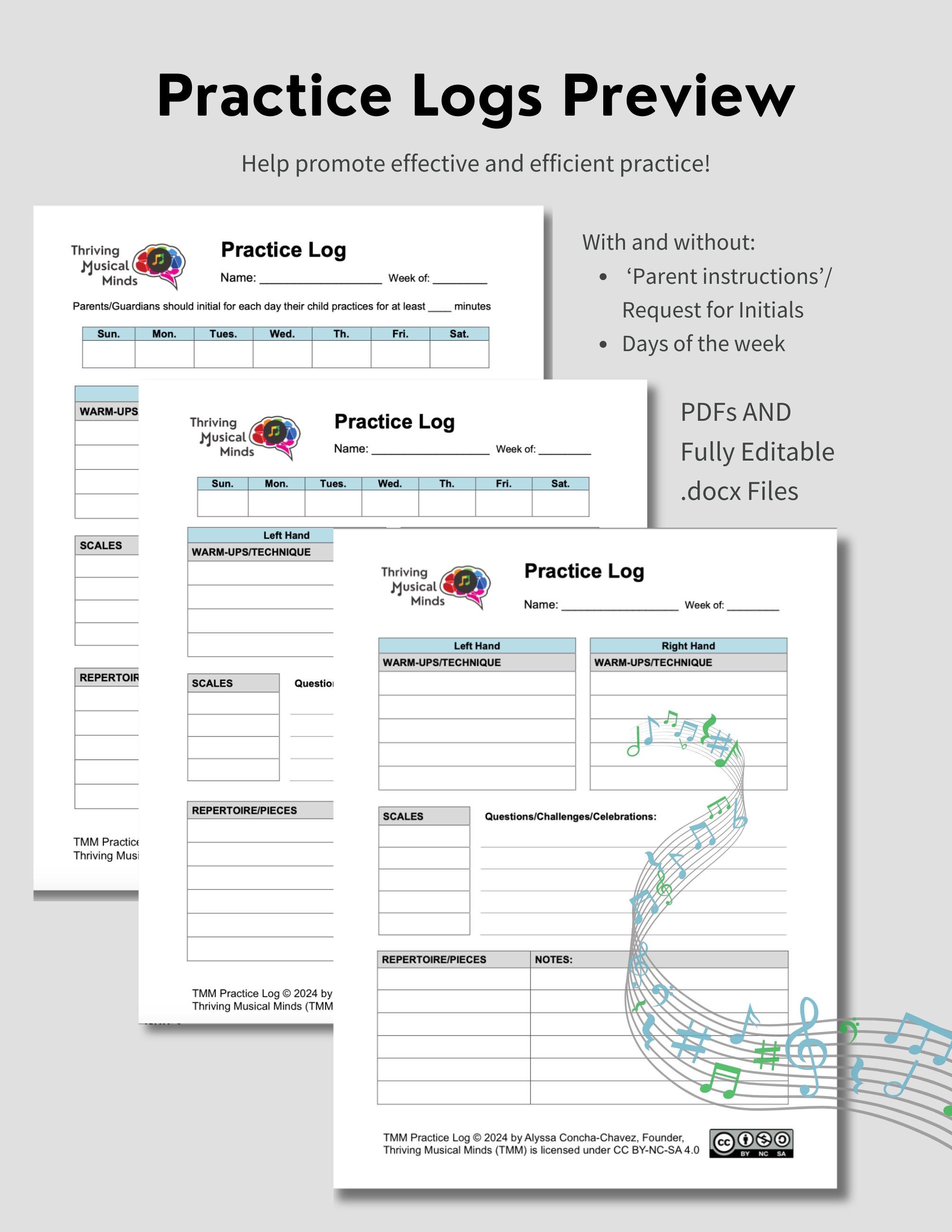 Printable Editable Weekly Practice Log for Music Students (violin ...