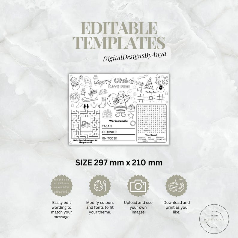 Christmas Activity Sheet | Editable Placemat | Canva Template | Instant ...