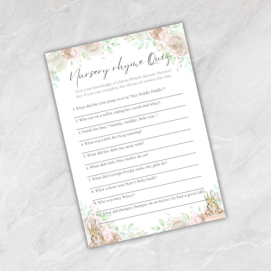 Cute Rabbit Baby Shower Nursery Rhyme Quiz | Printable Baby Shower ...