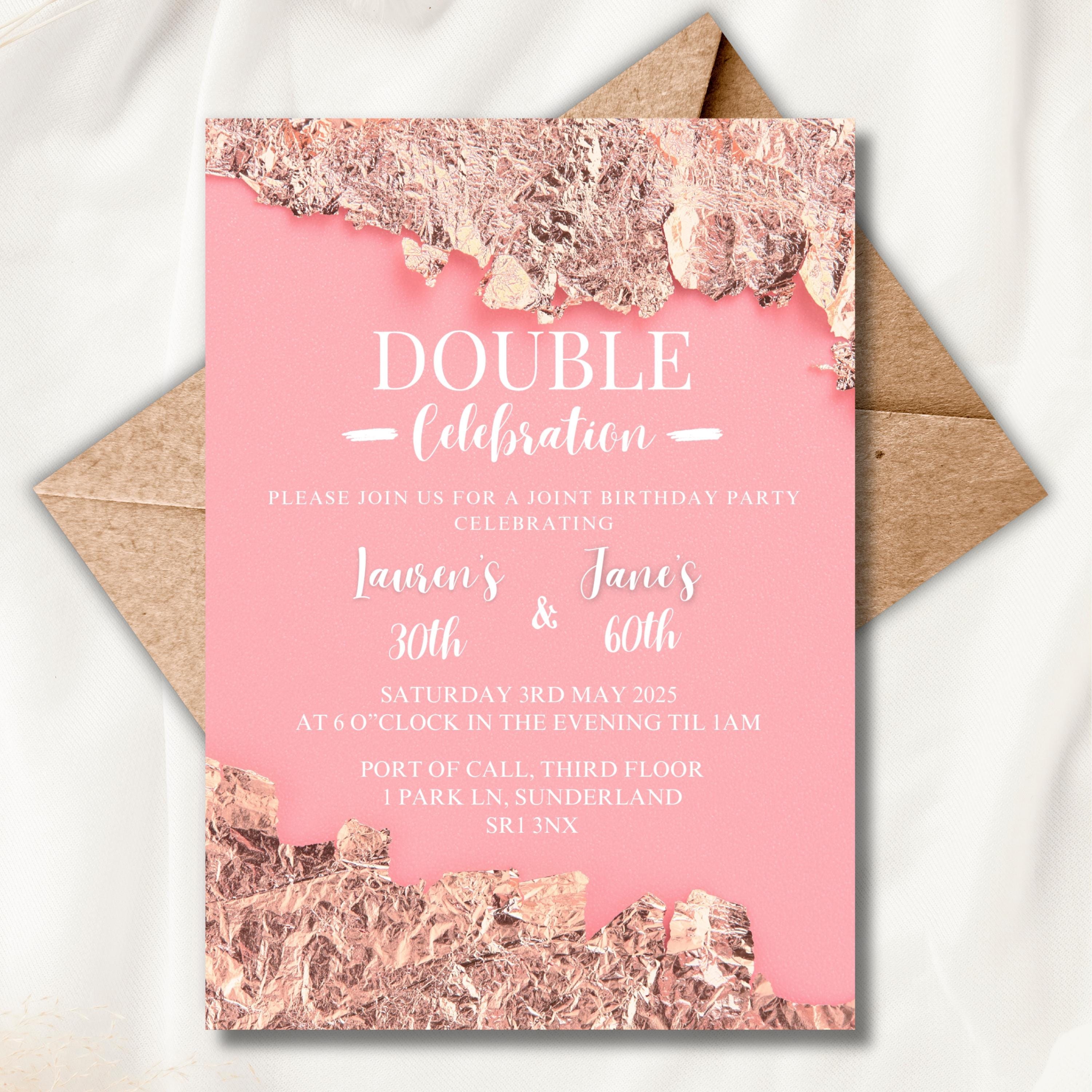 Joint Birthday Party Invitation | Double Celebration | Pink & Gold Foil ...