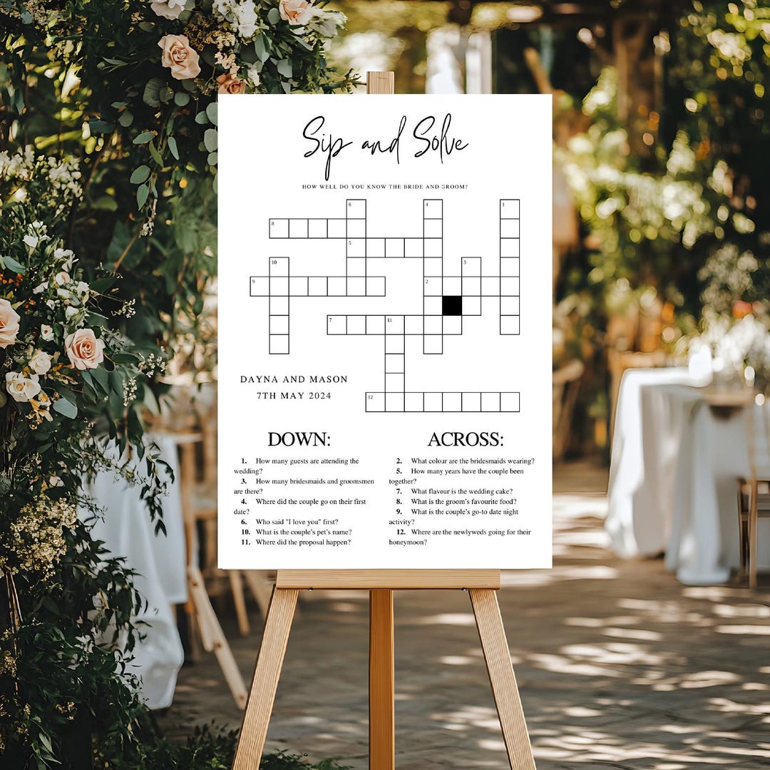 Sip and Solve Puzzle | Custom Wedding Crossword Game Template | Wedding ...