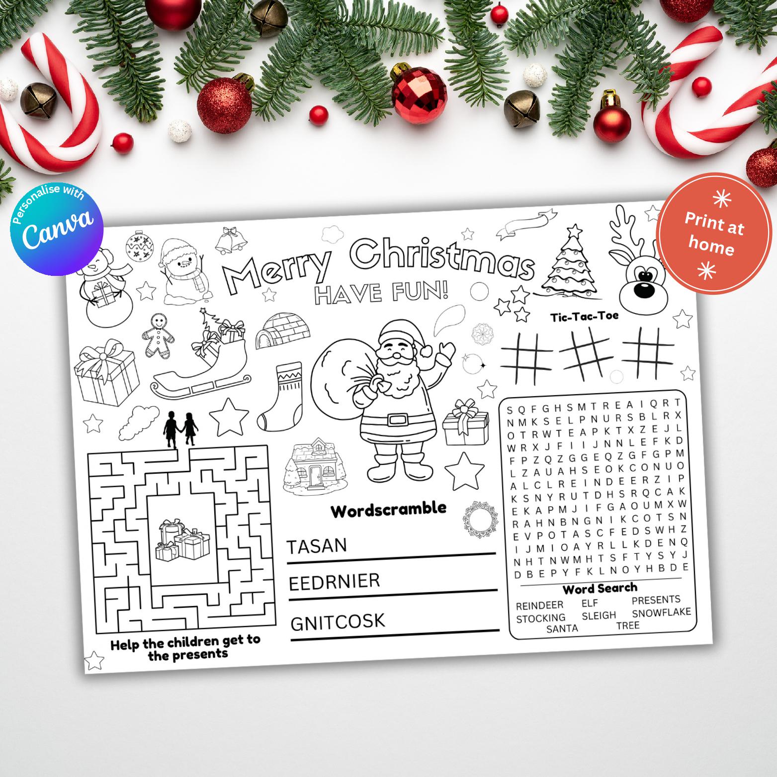 Christmas Activity Sheet | Editable Placemat | Canva Template | Instant ...