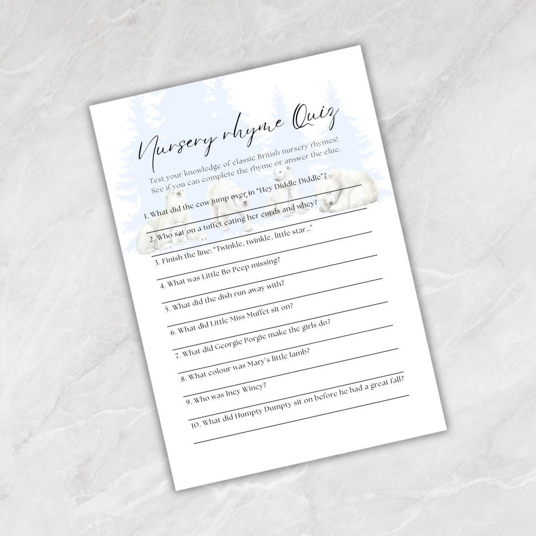 Polar Bear Baby Shower Nursery Rhyme Quiz Game | Printable Baby Shower ...
