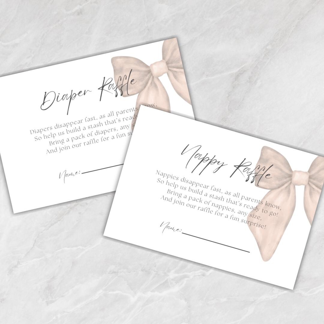Bow Baby Shower Diaper Raffle Cards | Nappy Raffle Cards | Baby Shower ...