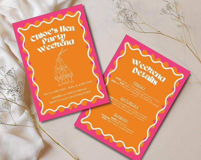 Hens Weekend Invitation With Wavy Border | Orange & Pink Bachelorette ...