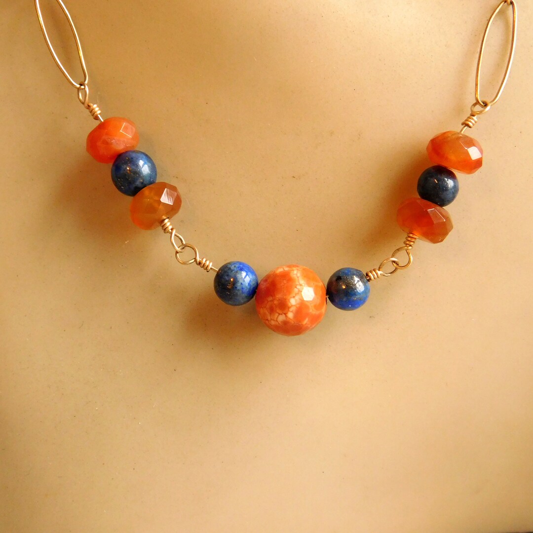 Vintage Orange Nephrite Jade, Lapis-lazuli and 14K Gold-filled Beaded ...