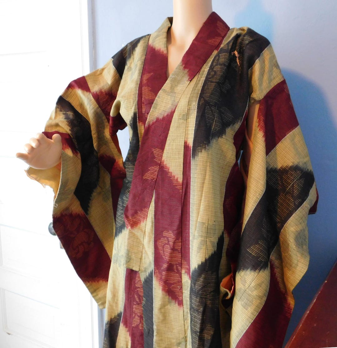 Vintage Japanese Cotton Kimono Robe - Maroon, Black, Pale Green - Hand ...