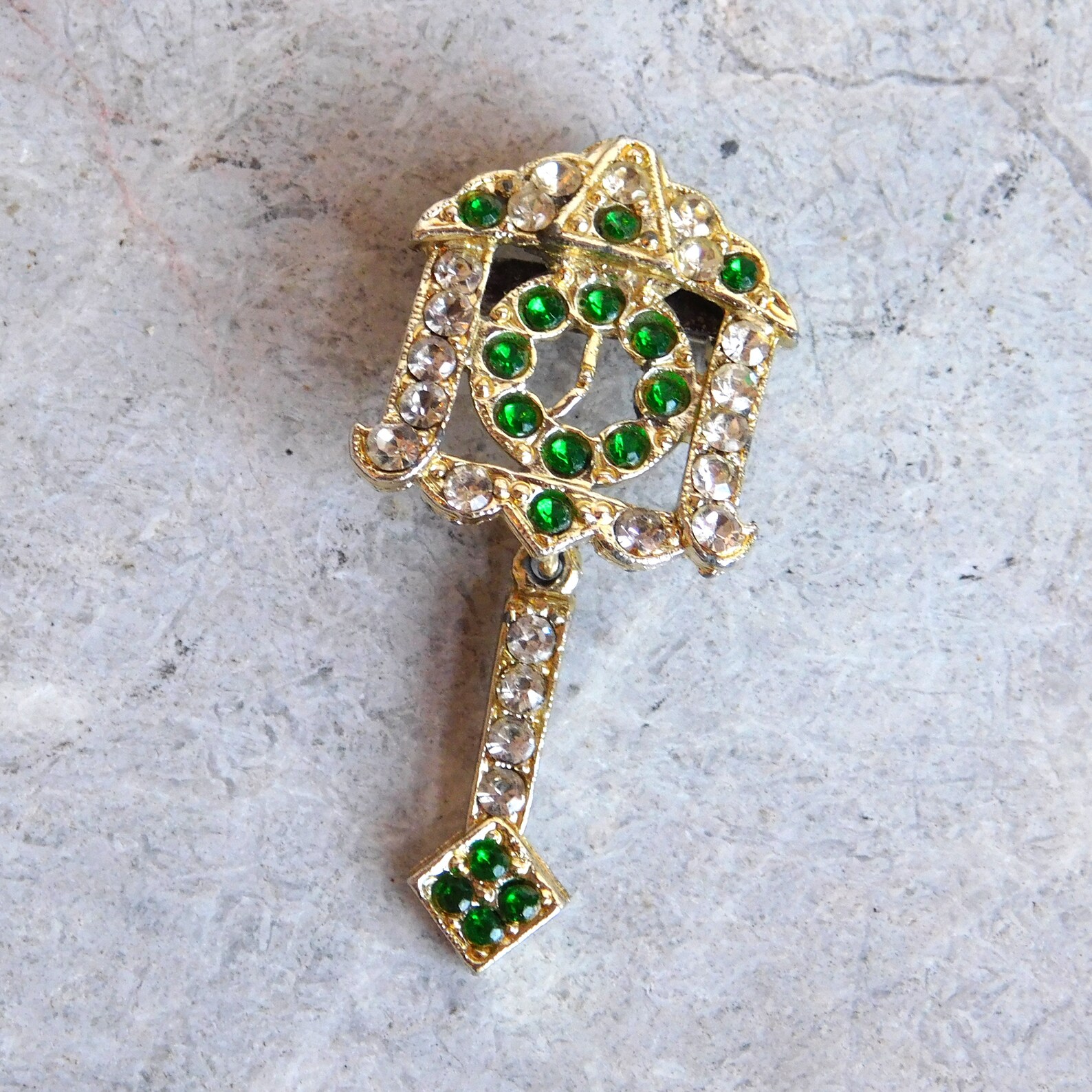 Vintage Rhinestone Articulated Clock Brooch - Pendulum Dangle - Green ...