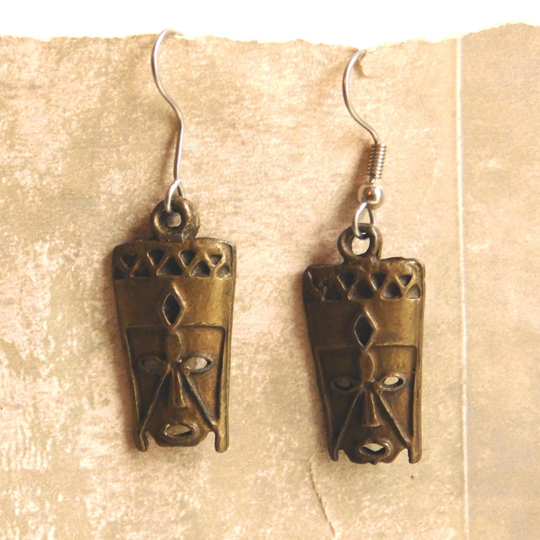 Vintage African Mask Brass Dangle Earrings From Ghana - Nice Patina ...