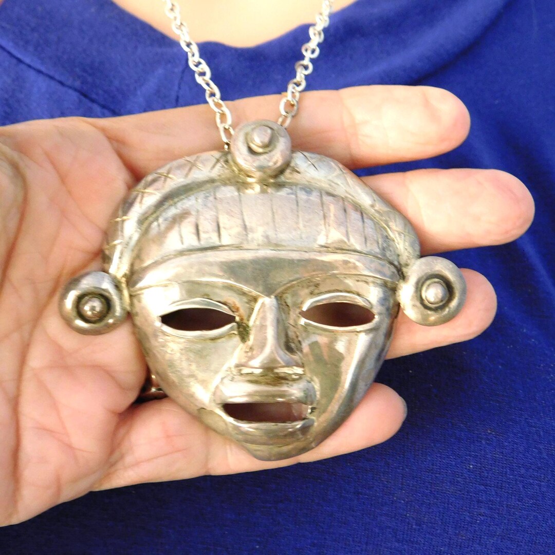 Vintage Sterling Silver Extra Large African Mask Pendant Necklace ...