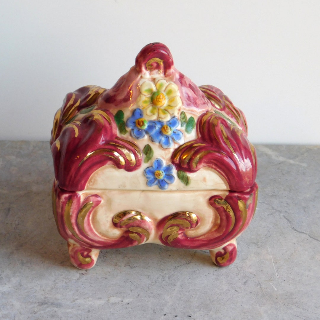 Vintage Hand-painted and Gilded Pottery Trinket Box Ornate Footed ...