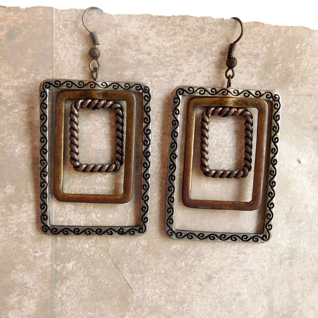 Vintage Tri-color Metal "picture Frame" Dangle Earrings - Silver-tone ...