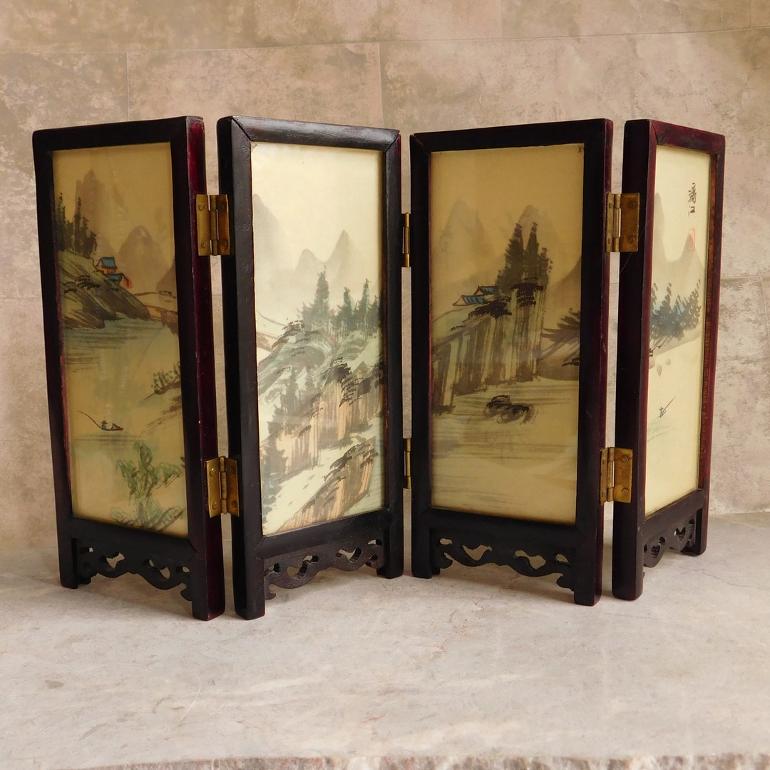 Vintage Chinese Folding Table Screen W/ 4 Hand-painted Silk Panels - 2 ...
