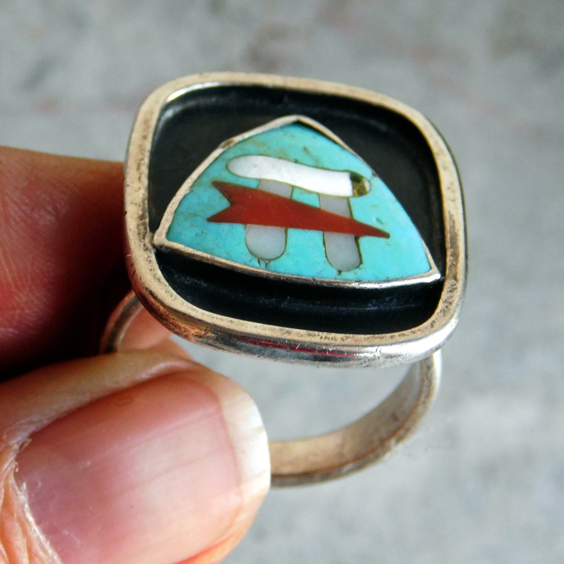 Vintage Native American Style Sterling Silver Ring W/ Inlaid - Etsy