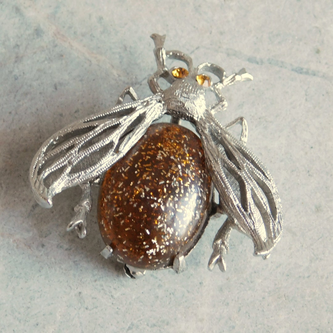 Vintage Glitter Lucite (c) Bee Brooch - 1960s Signed Insect Pin - Silvertone Metal, Rhinestone ...