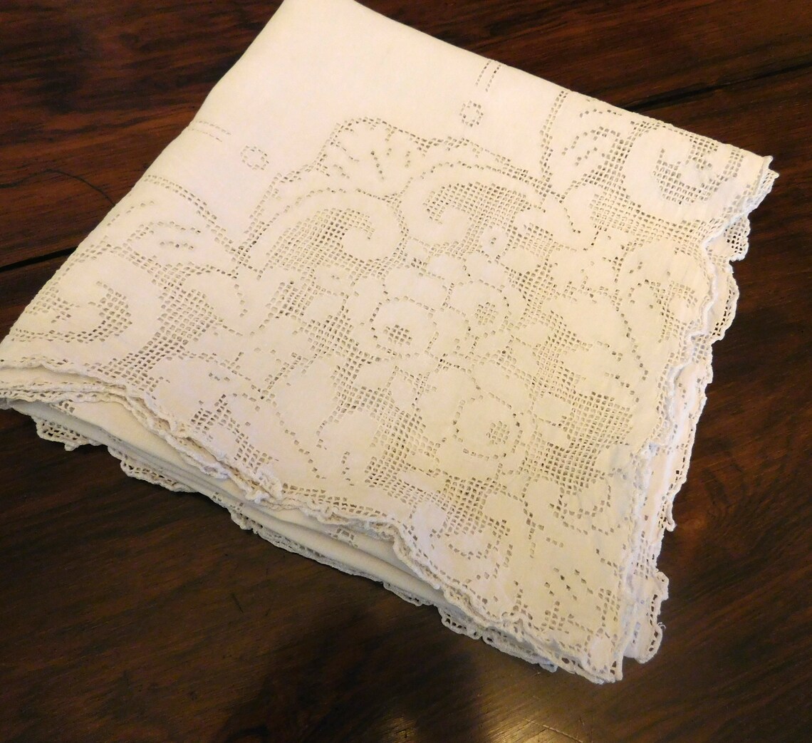 Vintage Extravagantly Drawn Work Linen Tablecloths White | Etsy
