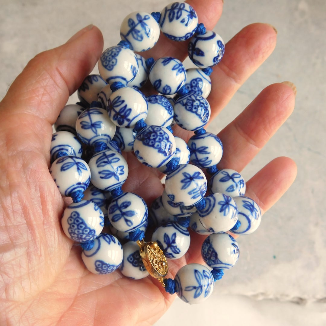 Vintage Chinese Blue and White Porcelain Bead Necklace - Hand-painted ...