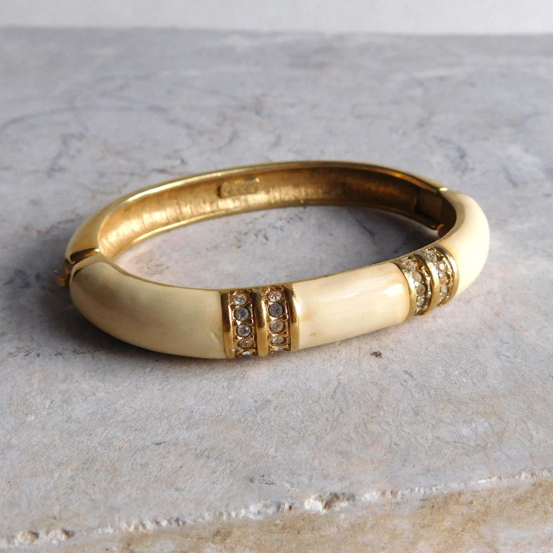 Vintage Swarovski Hinged Bangle Bracelet Off-white Enamel and ...