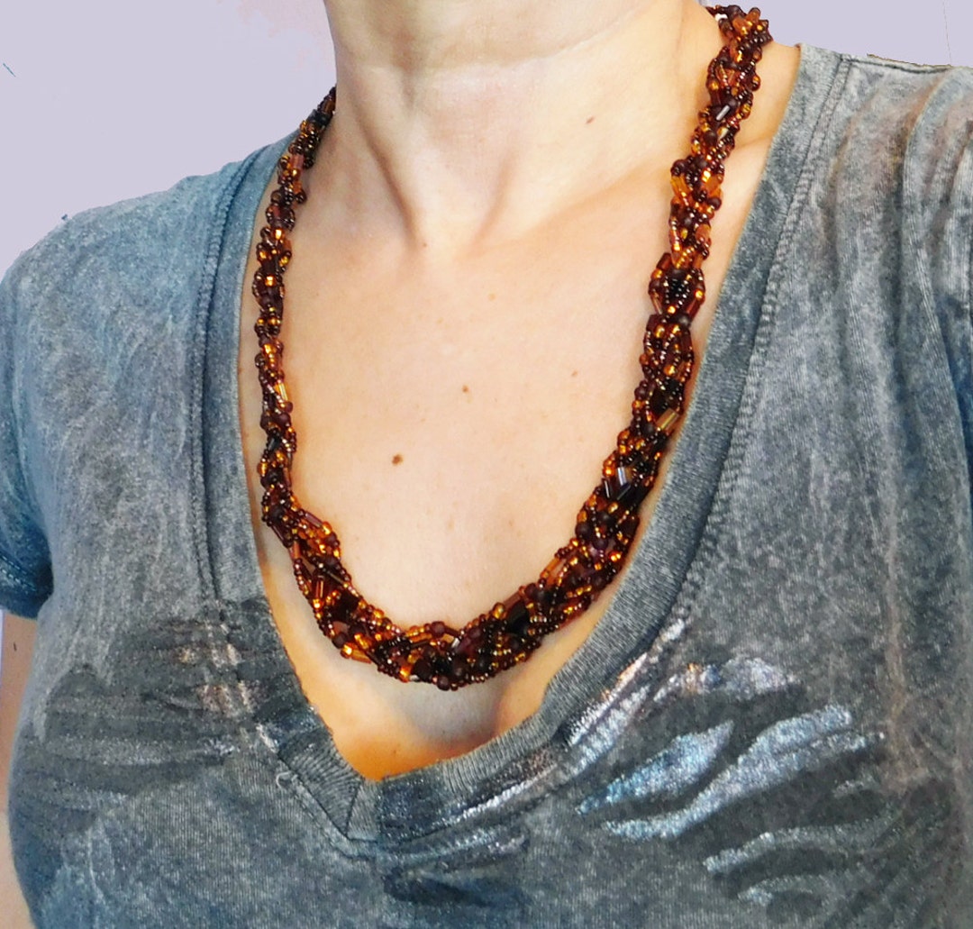 Vintage Braided Brown Seed Bead Necklace Made From a Variety of Glass ...