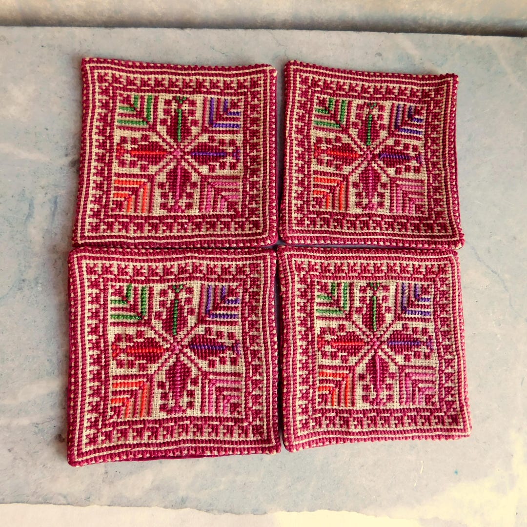 Vintage Palestinian Hand-embroidered Coasters Set of 4 Traditional ...
