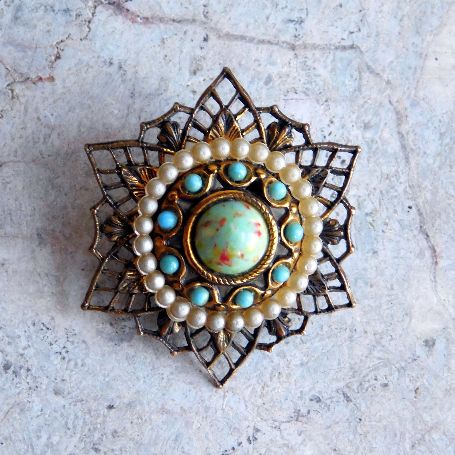 Vintage Brass Filigree Brooch W/ Faux Turquoise Faux Seed - Etsy