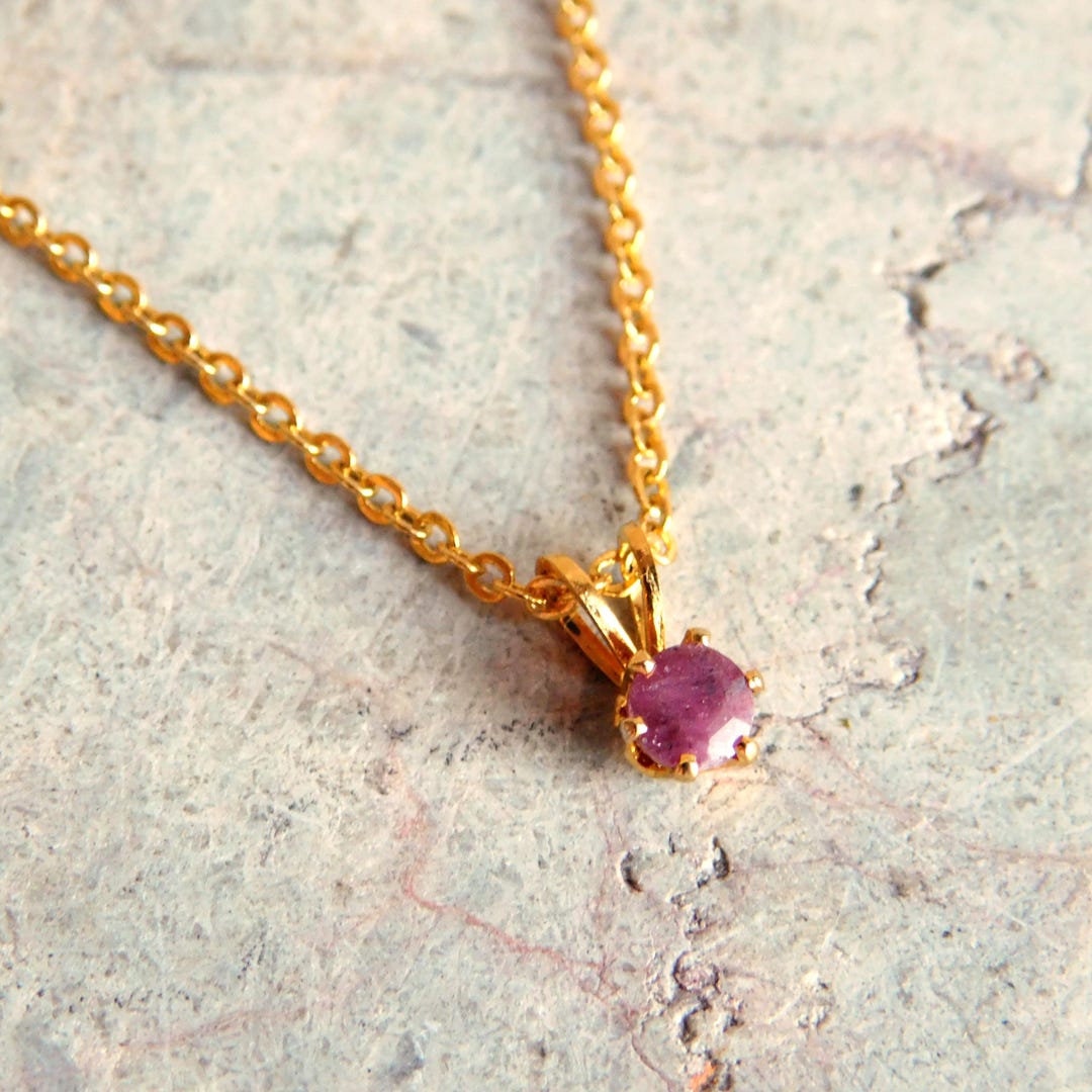 Vintage Genuine Ruby Pendant Necklace - Round Faceted Red Stone Prong ...