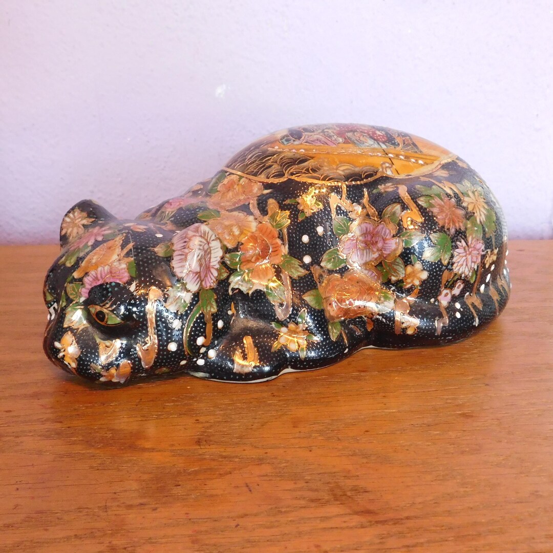 Vintage Satsuma-style Ceramic Cat - Hand-painted, People on a Boat ...