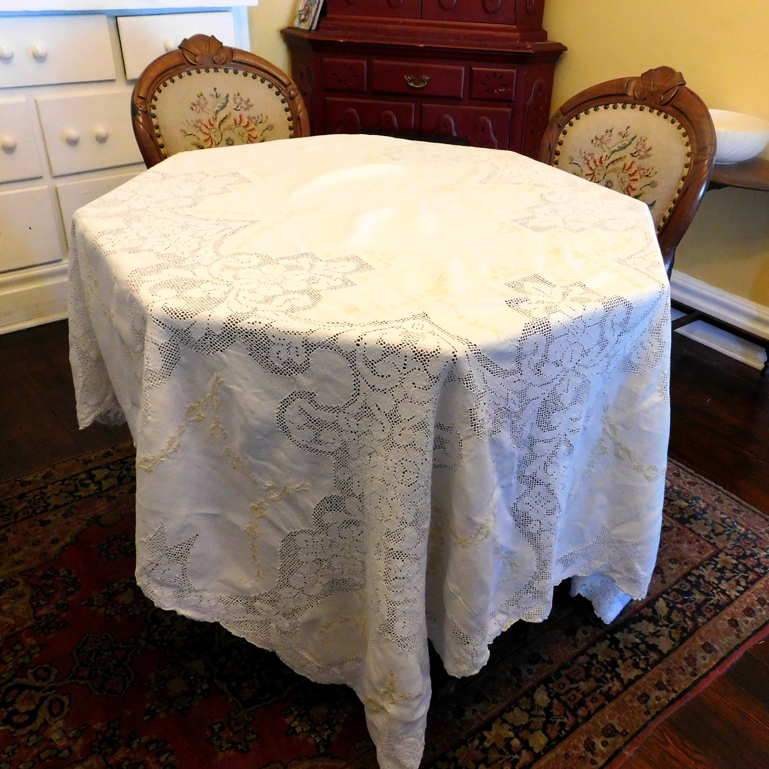 Vintage Very Large White Linen Tablecloth W/ Cream-colored Embroidery ...