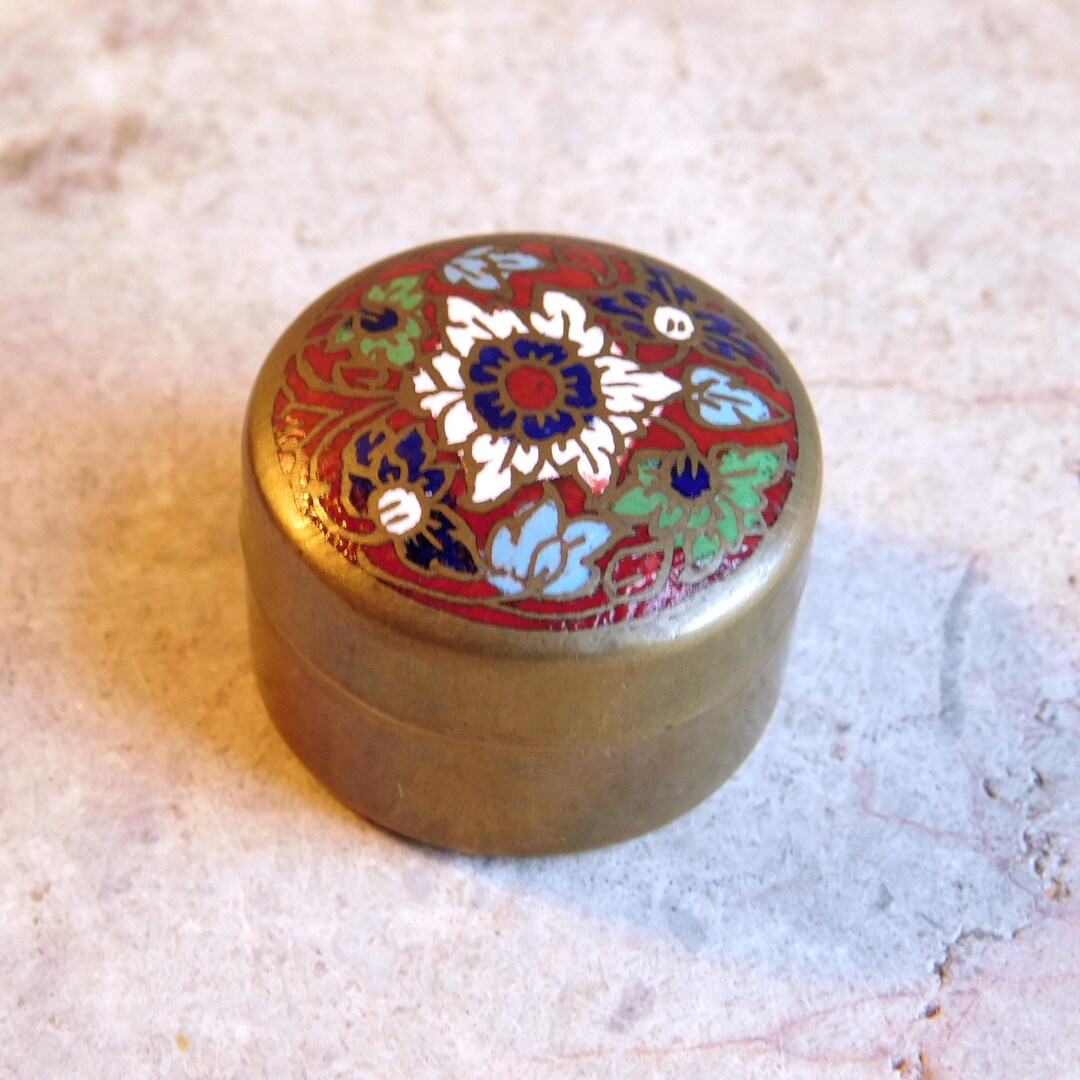 Vintage Brass Tiny Trinket Box W/ Cloisonné Lid - Pill Box - Blue ...