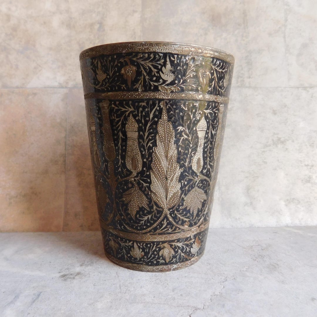 Antique Indian Lassi Cup - Silvered Brass, Engraved, Black Enamel ...