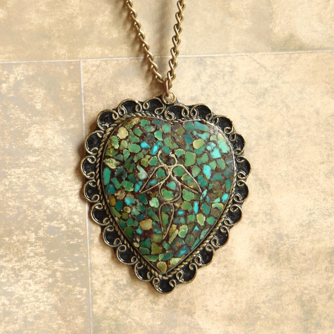 Vintage Tibetan Silver / Turquoise Chip Mosaic Pendant Necklace - Large ...