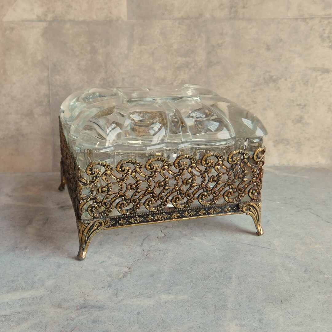 Vintage Glass Dresser Box in Ornate Ormolu Style Gold-tone Filigree ...