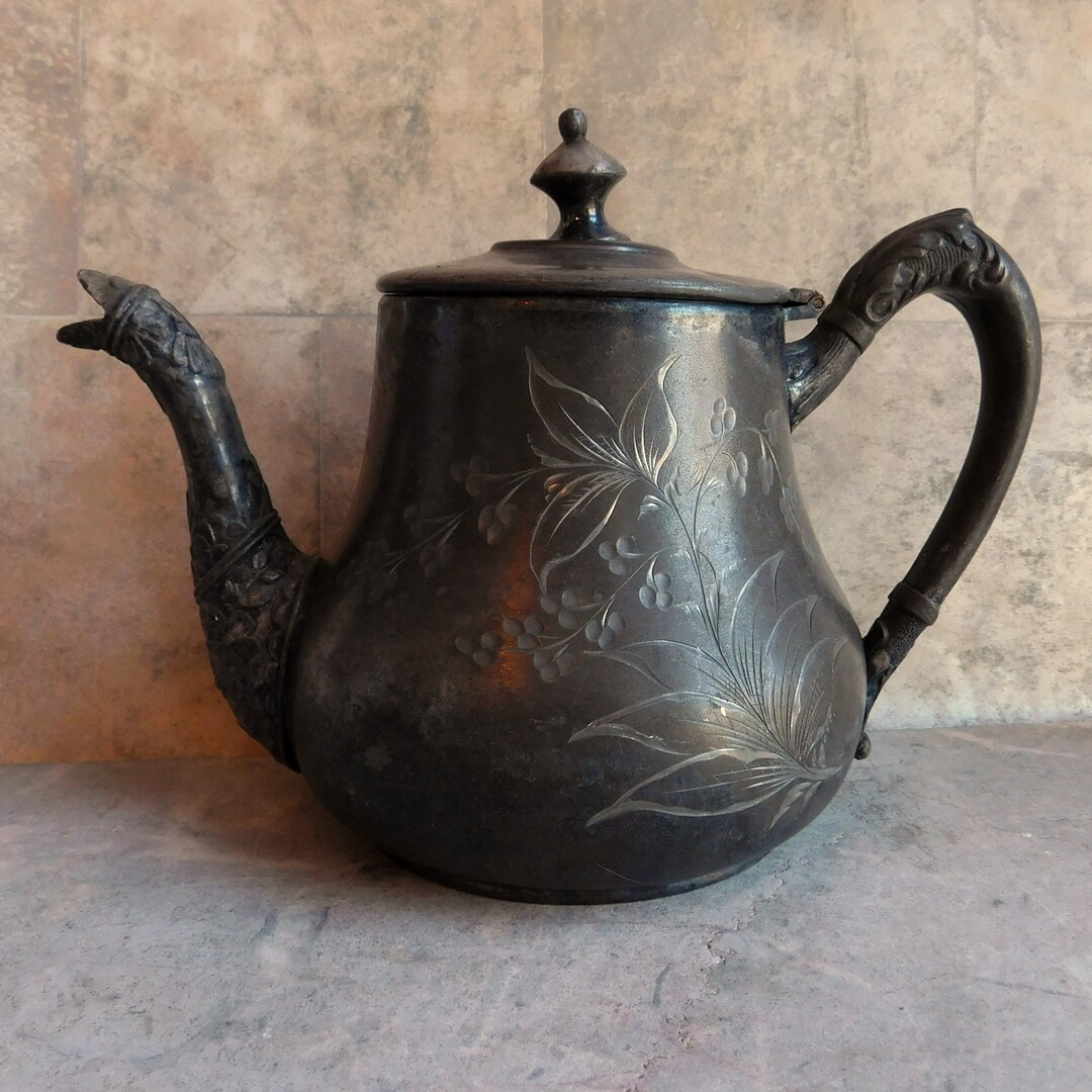 Antique Victorian Quadruple Plate Teapot - 1800s - Engraved Floral ...