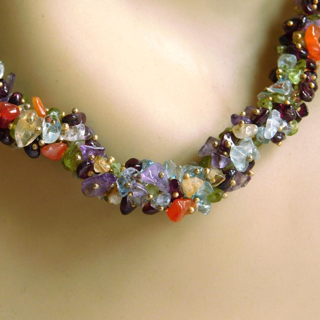 Vintage Multi-gemstone Chip Rope Necklace - Citrine, Peridot, Garnet ...