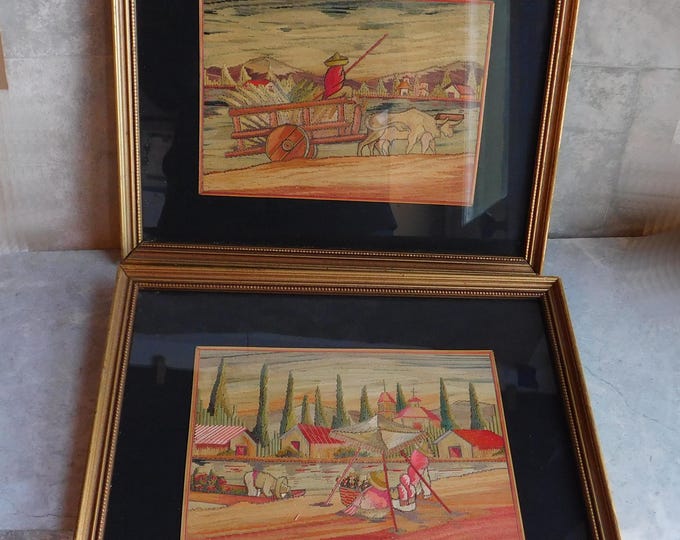Pair of Vintage Original Straw Paintings From Mexico - Detailed, High ...